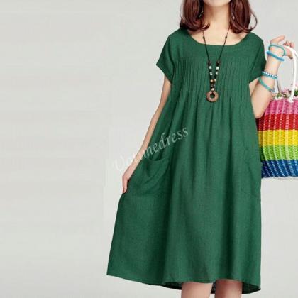 Grass Green Women Cotton Linen Long Dress Casual Skirt 2015 Summer ...