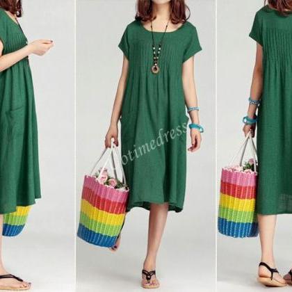Grass Green Women Cotton Linen Long Dress Casual Skirt 2015 Summer ...