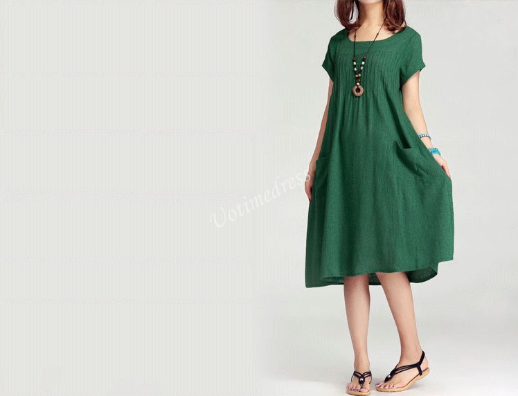 Grass Green Women Cotton Linen Long Dress Casual Skirt 2015 Summer ...